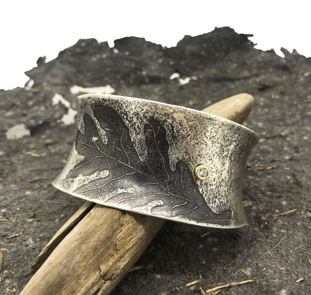 Silver Oak Leaf Cuff with Diamond - Becky Thatcher Designs